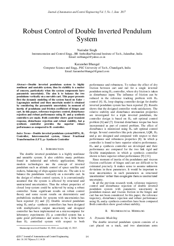 (PDF) Robust Control of Double Inverted Pendulum System
