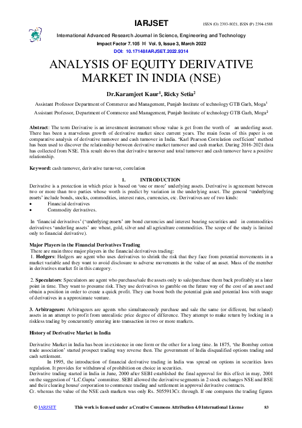 (PDF) Analysis of Equity Derivative Market in India (Nse)