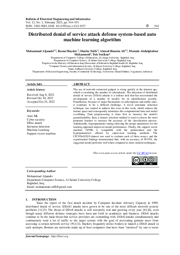 Pdf Distributed Denial Of Service Attack Defense System Based Auto Machine Learning Algorithm