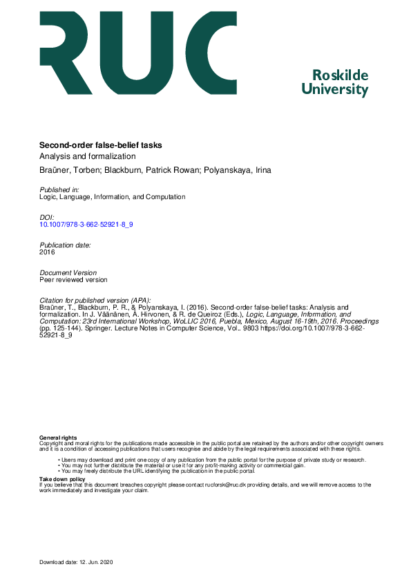 (PDF) Second-Order False-Belief Tasks: Analysis and Formalization