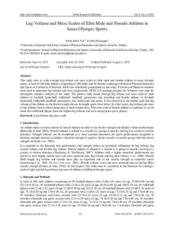 (PDF) Leg Volume and Mass Scales of Elite Male and Female Athletes in ...