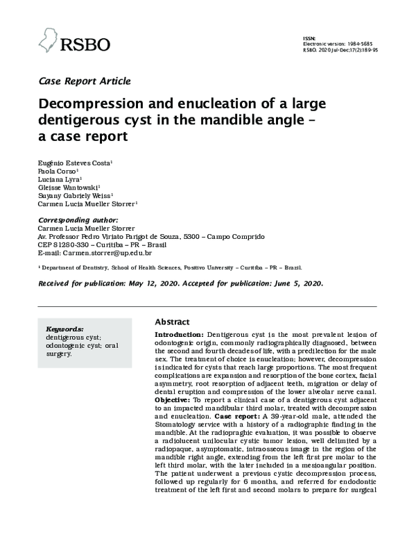 (PDF) Decompression and enucleation of a large dentigerous cyst in the ...