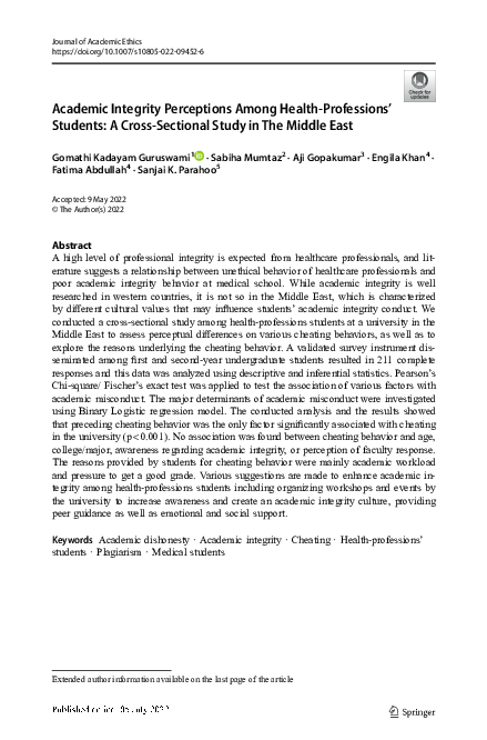 (PDF) Academic Integrity Perceptions Among Health-Professions’ Students ...