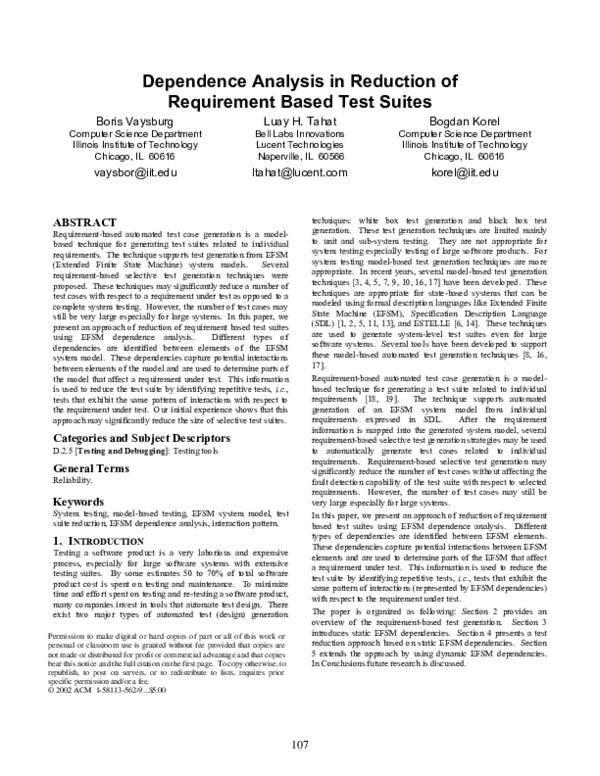 (PDF) Dependence analysis in reduction of requirement based test suites