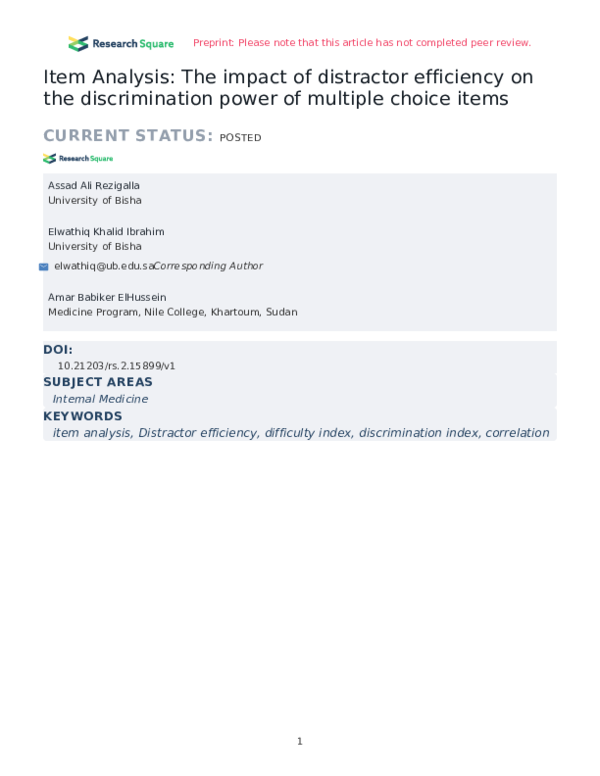 (PDF) Item Analysis: The impact of distractor efficiency on the discrimination power of multiple ...