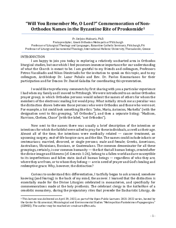(PDF) Will You Remember Me, O Lord?” Commemoration of Non- Orthodox ...
