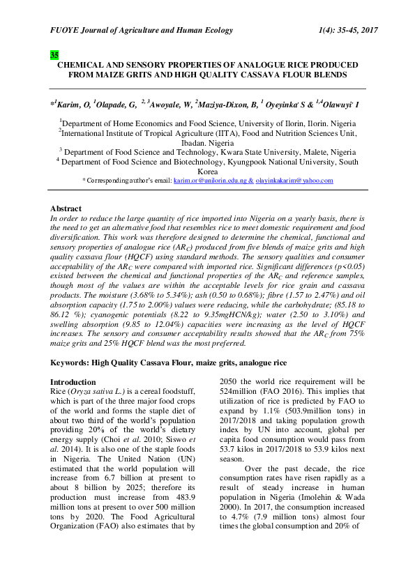 (PDF) Chemical and Sensory Properties of Analogue Rice Produced from ...