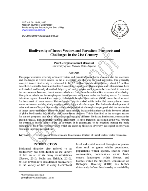 (PDF) Biodiversity of Insect Vectors and Parasites: Prospects and ...