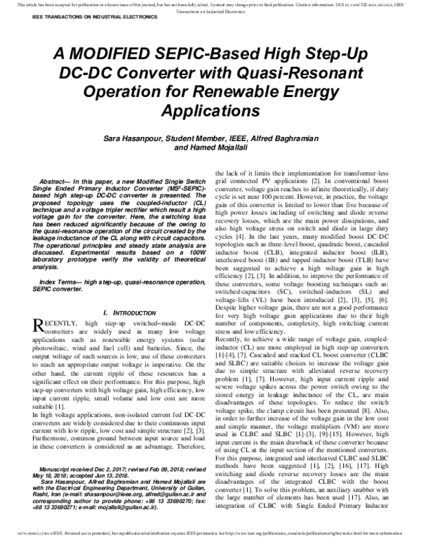 (PDF) A Modified SEPIC-Based High Step-Up DC–DC Converter With Quasi-Resonant Operation for ...