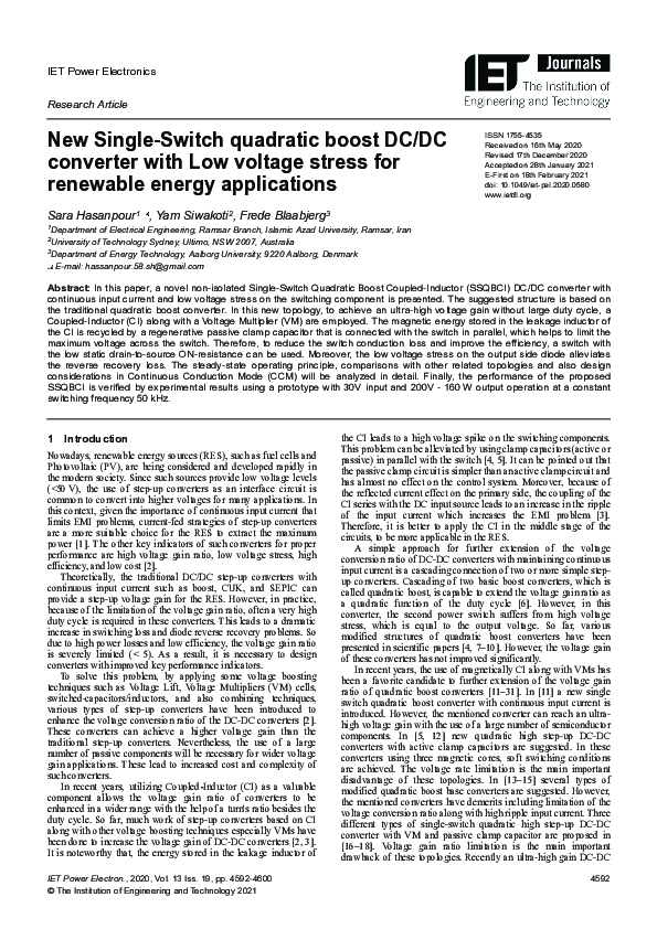 (PDF) New Single‐Switch quadratic boost DC/DC converter with Low voltage stress for renewable ...