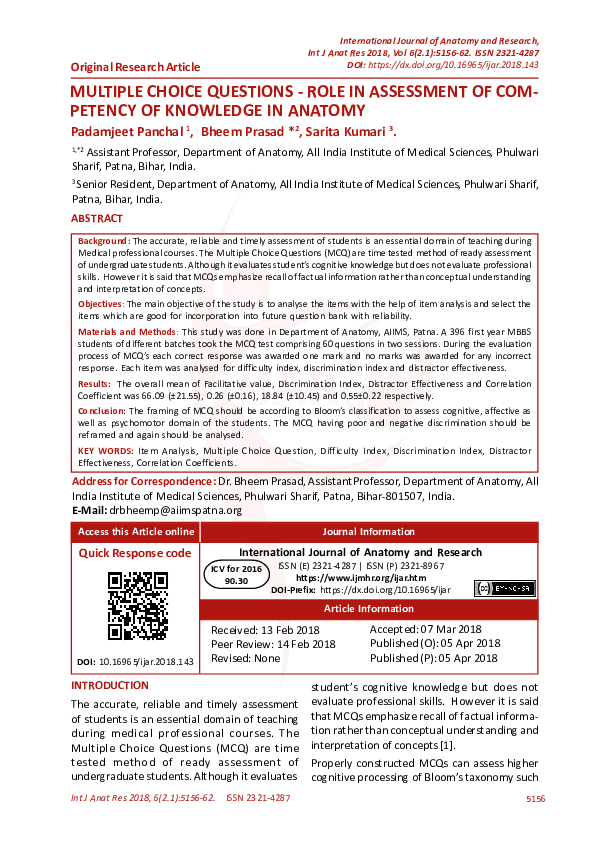 (PDF) Multiple Choice Questions - Role in Assessment of Competency of ...