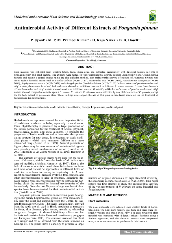 (PDF) Antimicrobial Activity of Different Extracts of Pongamia pinnata