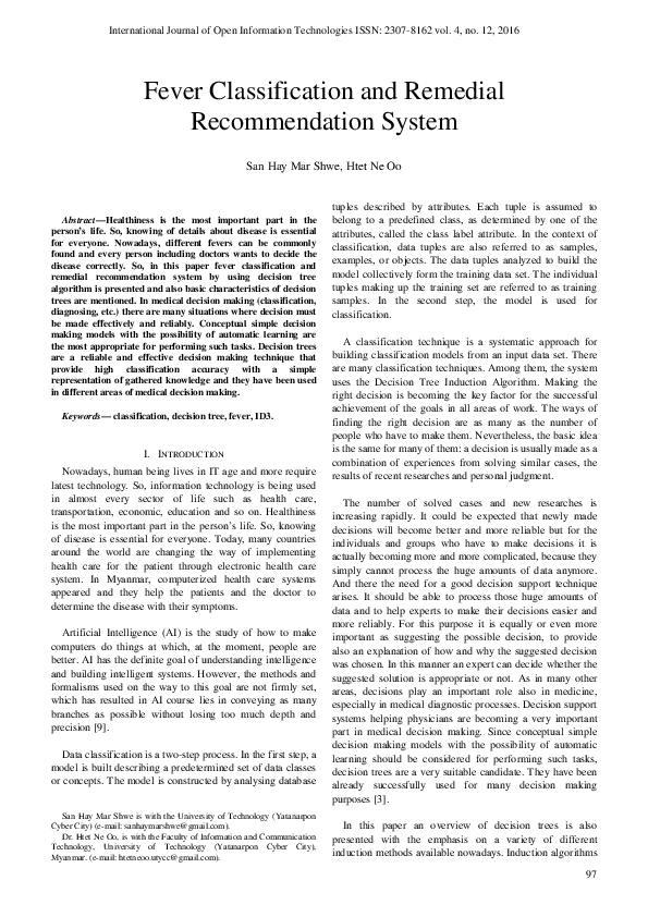 (PDF) Fever Classification and Remedial Recommendation System