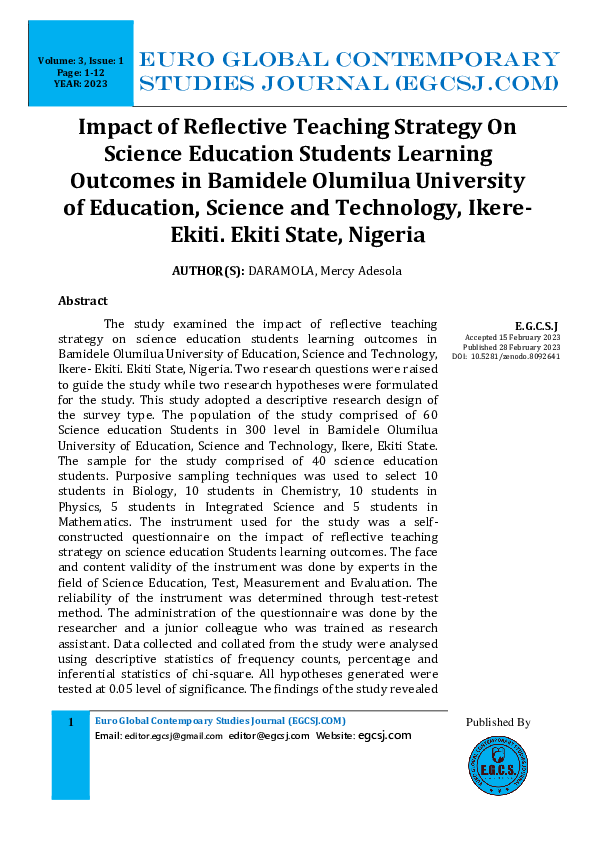 (PDF) Reflective Teaching and Science Education Outcomes (PDF) Reflective Teaching and Science Education Outcomes