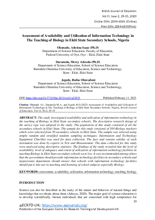 (PDF) Assessment of Availability and Utilization of Information Technology in The Teaching of ...