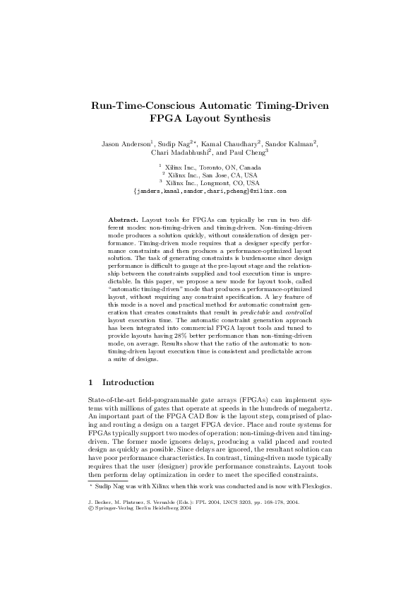 (PDF) Run-Time-Conscious Automatic Timing-Driven FPGA Layout Synthesis