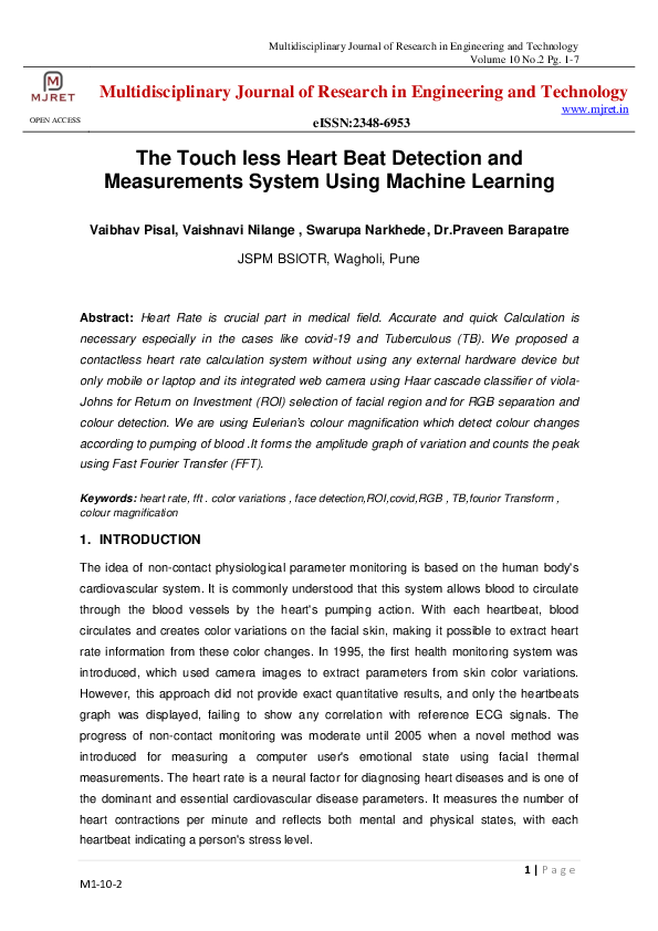 (PDF) The Touch less Heart Beat Detection and Measurements System Using ...