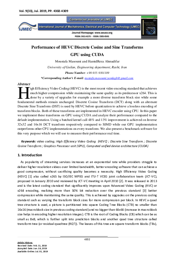 (PDF) Performance of HEVC discrete cosine and sine transforms on GPU using CUDA
