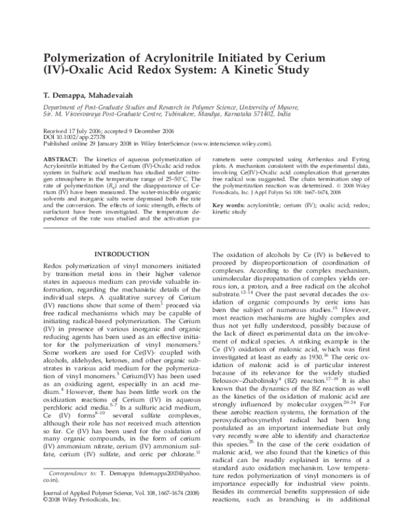 (PDF) Polymerization of Acrylonitrile Initiated by Cerium (IV)-Oxalic ...