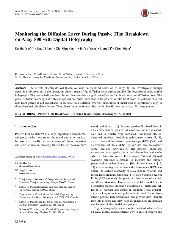(PDF) Monitoring the Diffusion Layer During Passive Film Breakdown on Alloy 800 with Digital ...