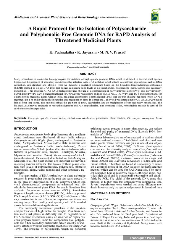 Pdf A Rapid Protocol For The Isolation Of Polysaccharideand Polyphenolic Free Genomic Dna For