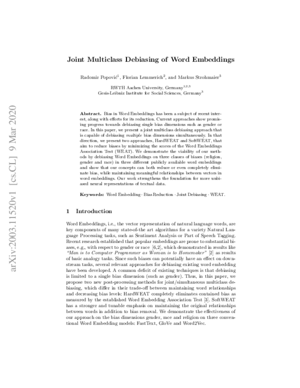 (PDF) Joint Multiclass Debiasing of Word Embeddings