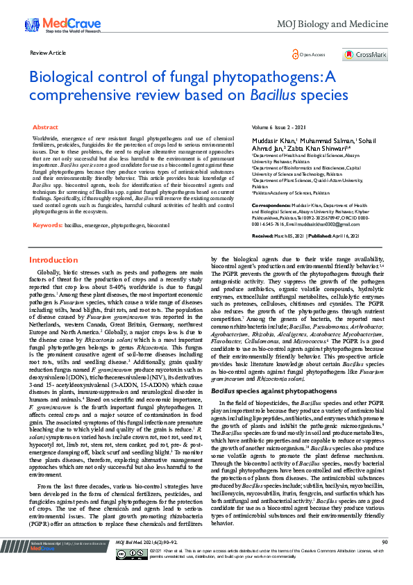 (PDF) Biological control of fungal phytopathogens: A comprehensive review based on Bacillus species