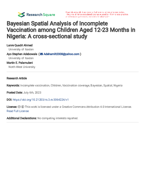 (PDF) Bayesian Spatial Analysis of Incomplete Vaccination among ...