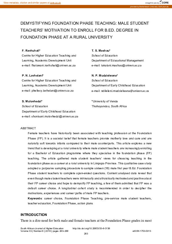 (PDF) Demystifying foundation phase teaching: Male student teachers ...