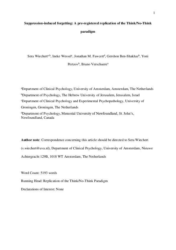(PDF) Suppression-induced forgetting: A pre-registered replication of ...