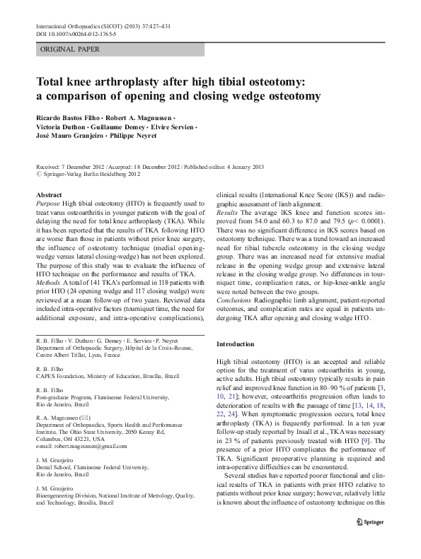 (PDF) Total knee arthroplasty after high tibial osteotomy: a comparison ...