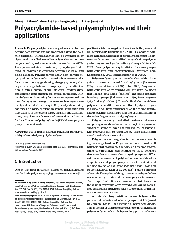 (PDF) Polyacrylamide-based polyampholytes and their applications