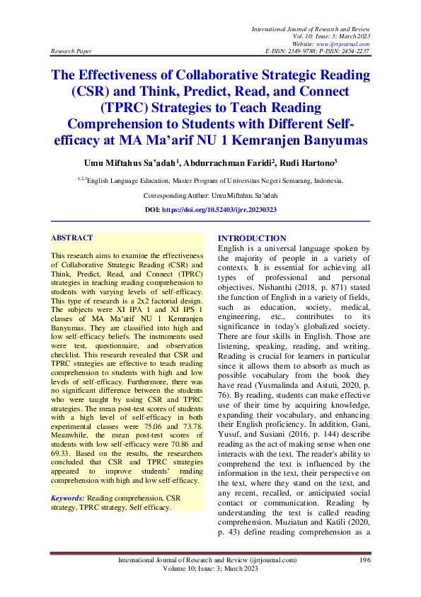 (PDF) The Effectiveness of Collaborative Strategic Reading (CSR) and ...