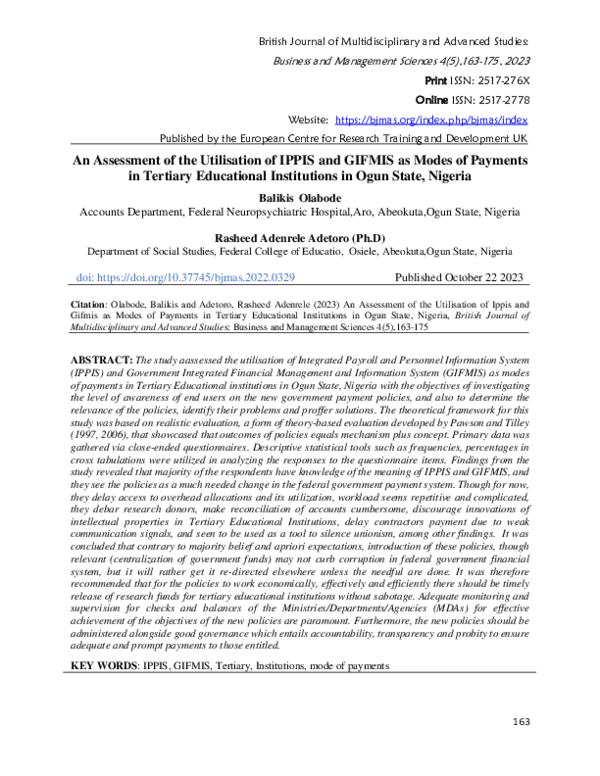 (PDF) An Assessment of the Utilisation of IPPIS and GIFMIS as Modes of ...