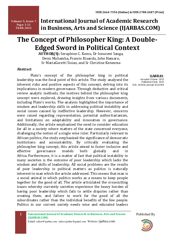 (PDF) The Concept of Philosopher King: A Double-Edged Sword in Political Context