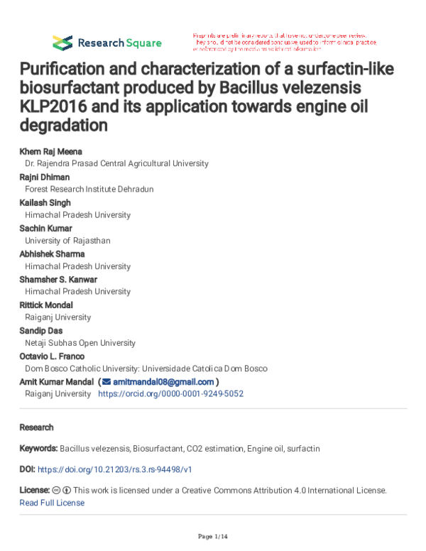 (PDF) Purification and characterization of a surfactin-like biosurfactant produced by Bacillus ...