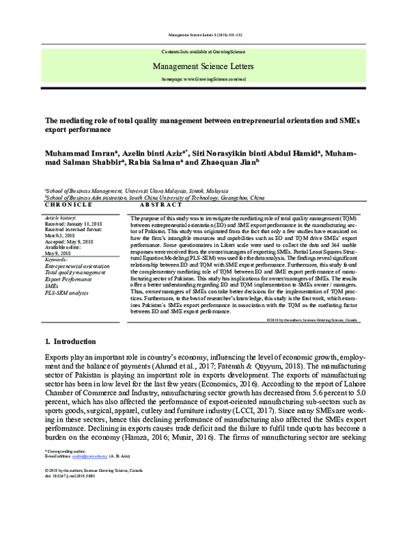 (PDF) The mediating role of total quality management between the entrepreneurial orientation and ...