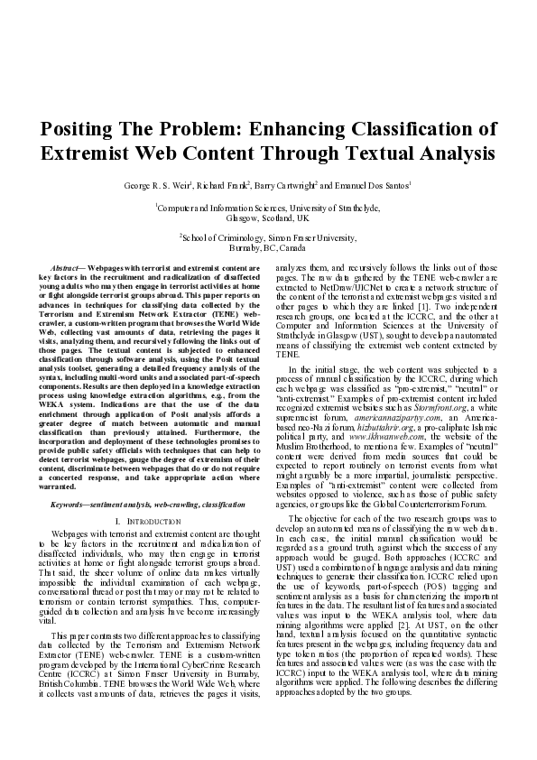 (PDF) Positing the problem: enhancing classification of extremist web content through textual ...