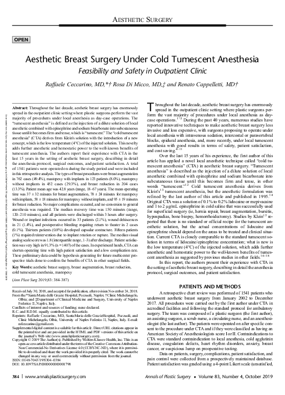 (PDF) Aesthetic Breast Surgery Under Cold Tumescent Anesthesia