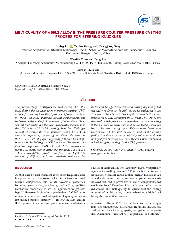 (PDF) MELT QUALITY OF A356.2 ALLOY IN THE PRESSURE COUNTER PRESSURE ...