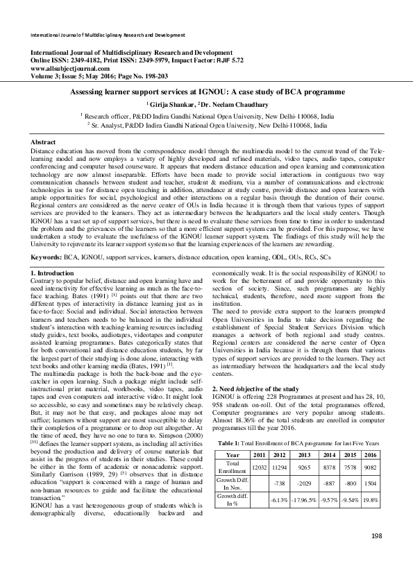 (PDF) Assessing learner support services at IGNOU: A case study of BCA ...