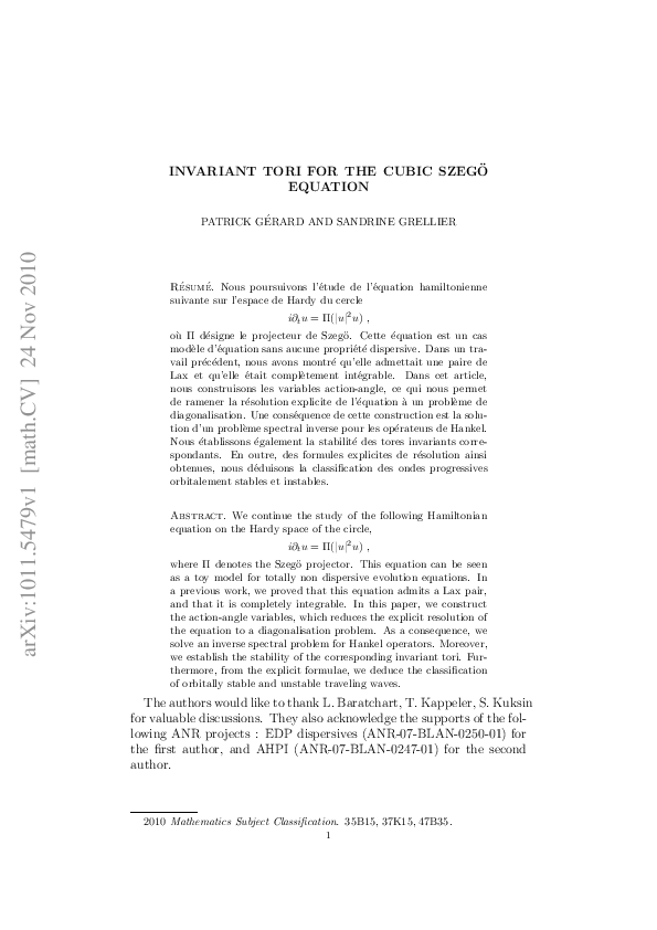 (PDF) Invariant tori for the cubic Szegö equation
