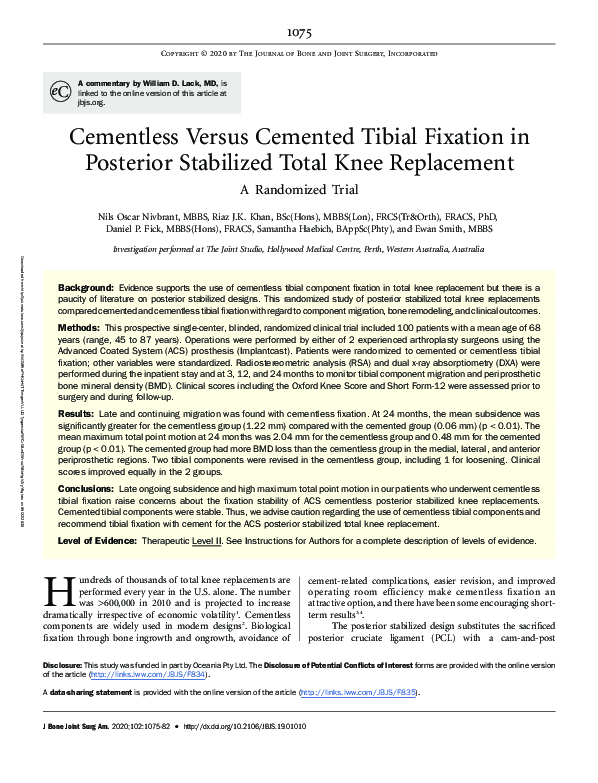 (PDF) Cementless Versus Cemented Tibial Fixation in Posterior ...