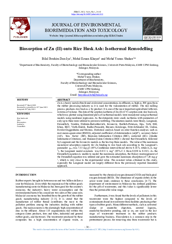(PDF) Biosorption of Zn (II) onto Rice Husk Ash: Isothermal Remodelling