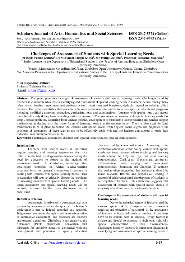 (PDF) Challenges of Assessment of Students with Special Learning Needs