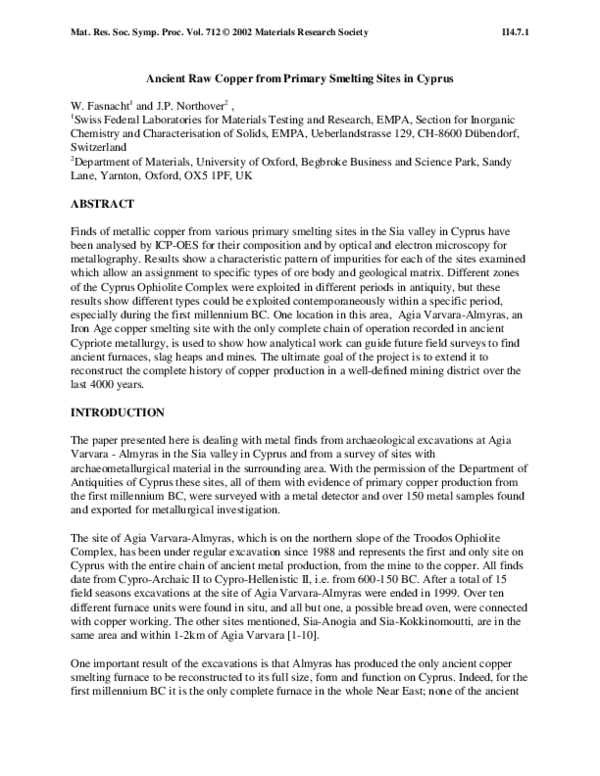 (PDF) Ancient Raw Copper from Primary Smelting Sites in Cyprus