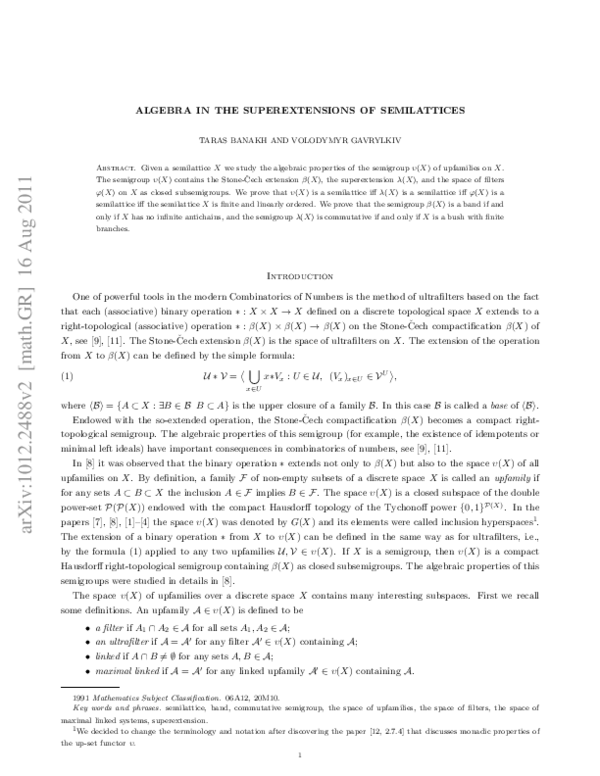 (PDF) Algebraic Properties of Semilattices and Superextensions