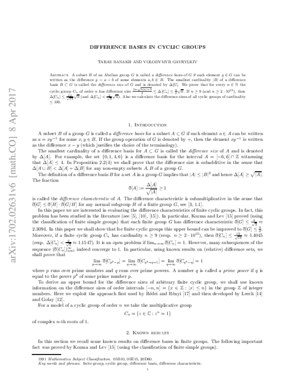 (PDF) Difference bases in cyclic groups | Volodymyr Gavrylkiv - Academia.edu