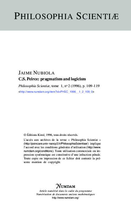 (PDF) C. S. Peirce: Pragmatism and Logicism | Jaime Nubiola - Academia.edu
