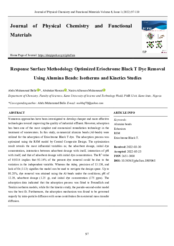 (PDF) Response Surface Methodology Optimized Eriochrome Black T Dye Removal Using Alumina Beads ...